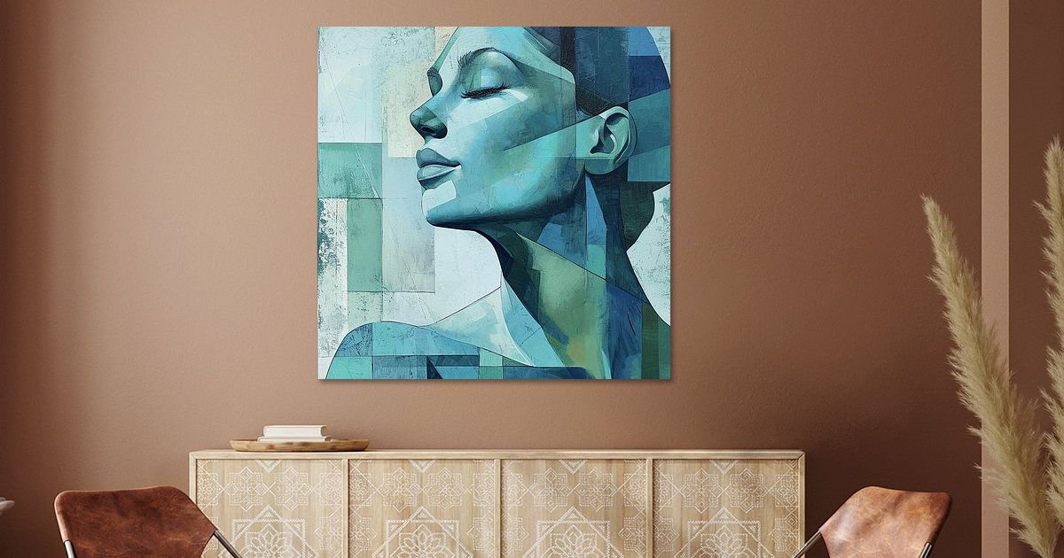 Kubistisch Vrouwenportret in Blauw en Groen van Color Square op canvas, behang en meer